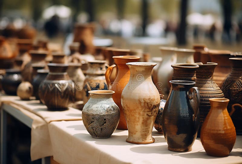 Rustic Pottery Bazaar: Assorted Ceramic Jugs and Mugs Stock Image ...
