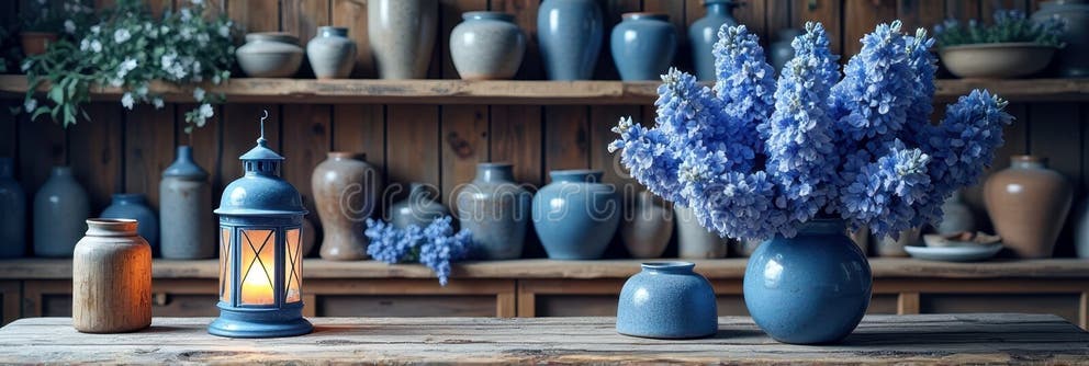 Rustic Pottery and Blue Hydrangeas on Wooden Shelves with Ambient ...