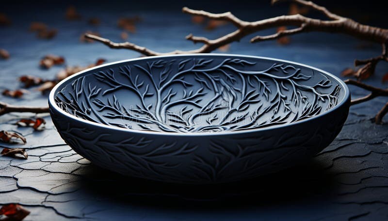 Rustic Pottery Bowl with Ornate Pattern, Empty on Wooden Table ...