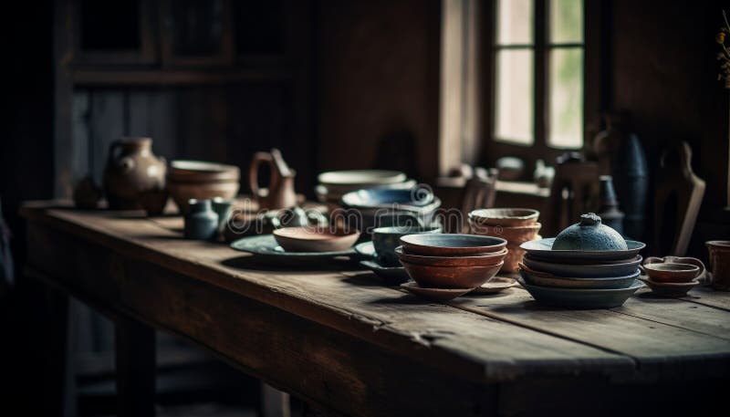 Rustic Pottery Collection Adorns Old Fashioned Kitchen Table Indoors ...