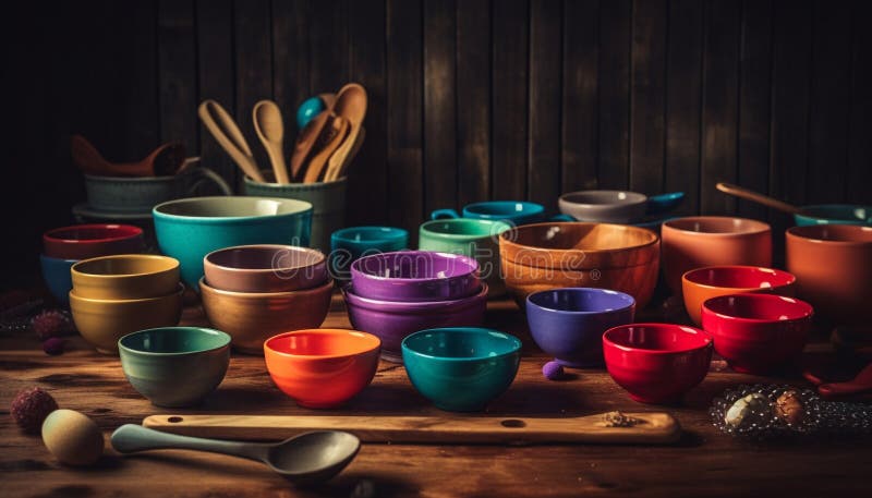 Rustic Pottery Collection on Wooden Kitchen Table Generated by AI Stock ...
