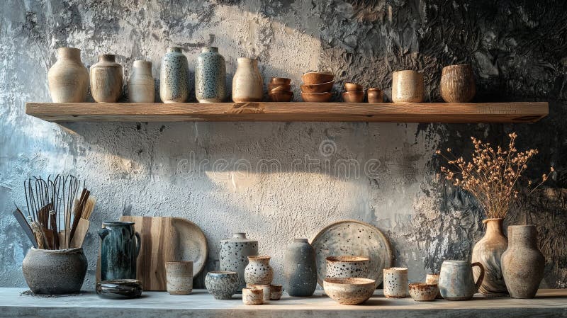 Rustic Pottery Collection on a Wooden Shelf Stock Image - Image of ...