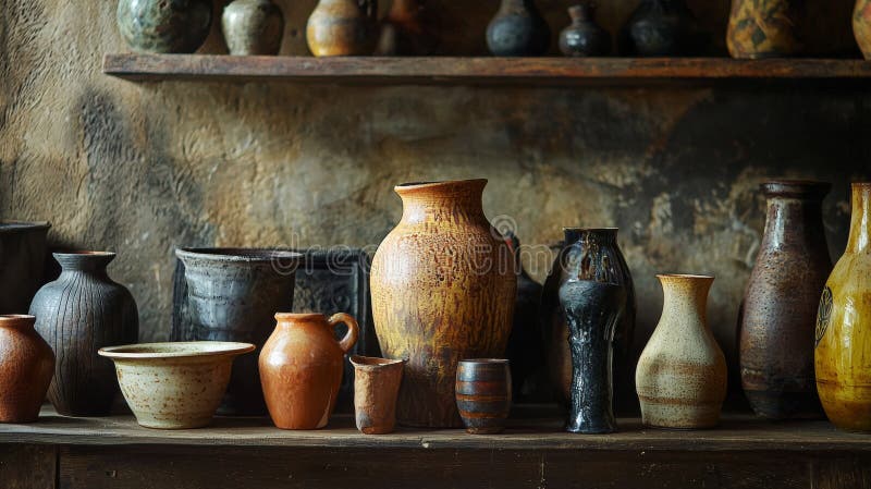 Rustic Pottery Collection on Wooden Shelf Stock Image - Image of rustic ...