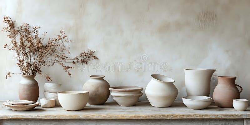 Rustic Pottery Display on Natural Wood Table with Warm Soft Lighting ...