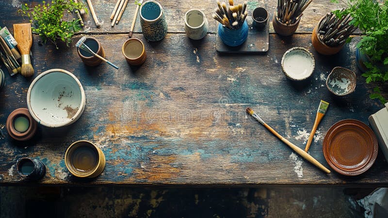 A Rustic Pottery Glazing Table with Brushes, Glazes, and Bisque-fired ...