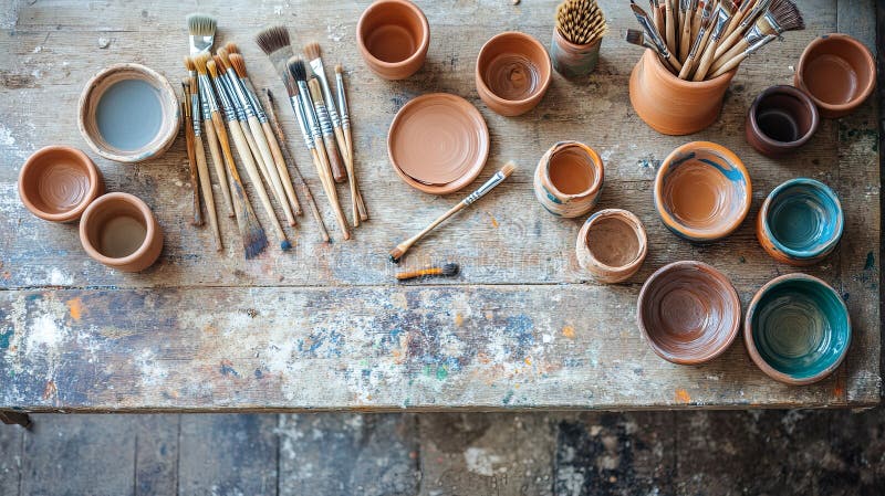A Rustic Pottery Glazing Table with Brushes, Glazes, and Bisque-fired ...