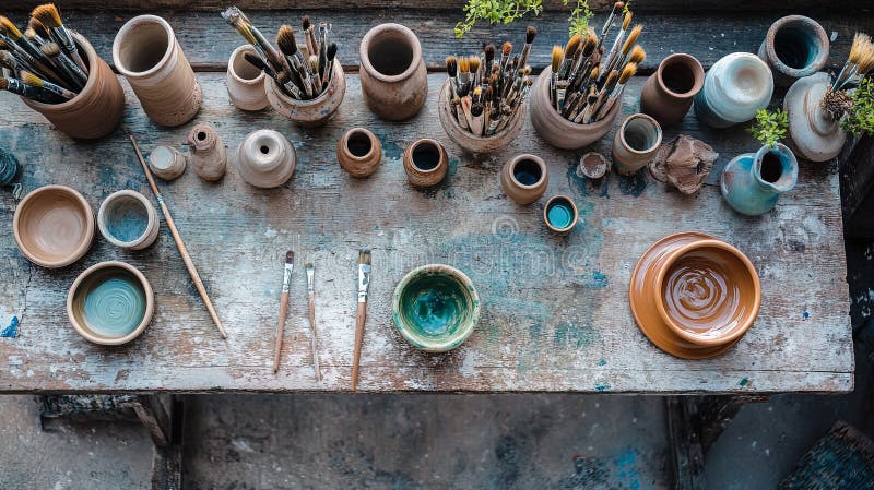 A Rustic Pottery Glazing Table with Brushes, Glazes, and Bisque-fired ...