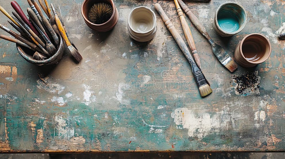 A Rustic Pottery Glazing Table with Brushes, Glazes, and Bisque-fired ...