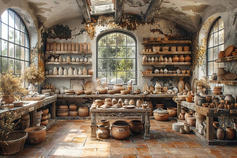 Rustic Pottery Studio with Clay Tools and a Kiln3D Render Stock ...
