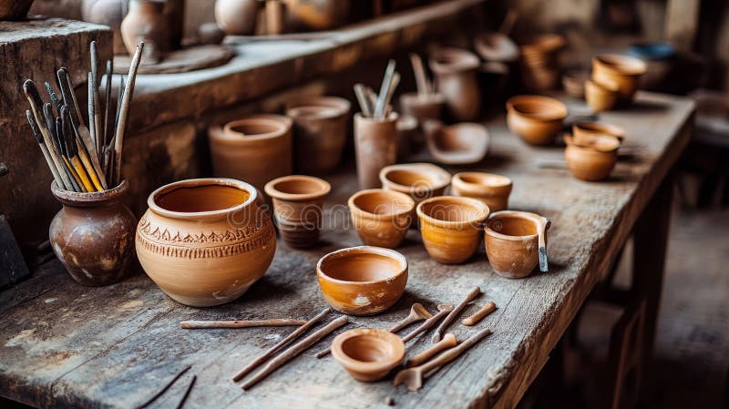 A Rustic Pottery Studio with Half-finished Clay Pots and Tools Neatly ...