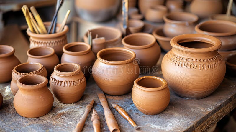 A Rustic Pottery Studio with Half-finished Clay Pots and Tools Neatly ...