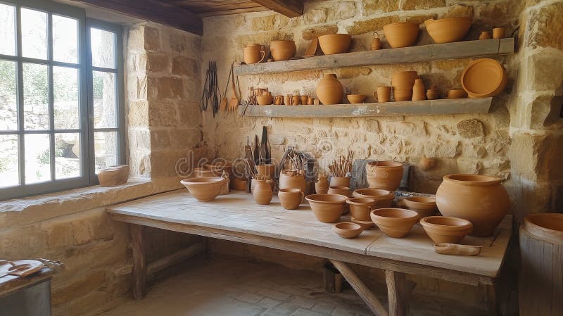 A Rustic Pottery Studio with Half-finished Clay Pots and Tools Neatly ...