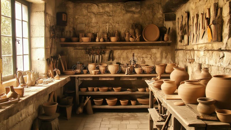 A Rustic Pottery Studio with Half-finished Clay Pots and Tools Neatly ...