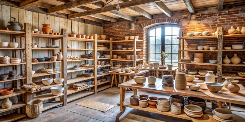 Rustic Pottery Studio with Shelves Filled with Handmade Ceramics ...