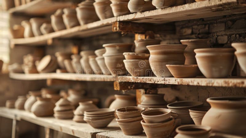 A Rustic Pottery Workshop Filled with Shelves of Unfinished Pieces ...