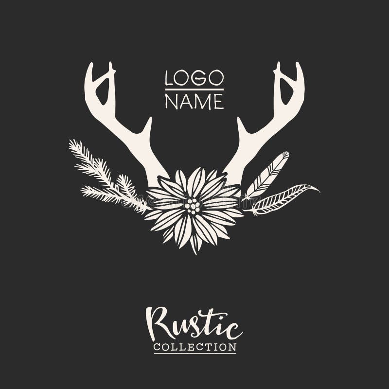 Rustic Premade Typographic Logo with Flowers, Branches, Antlers and ...