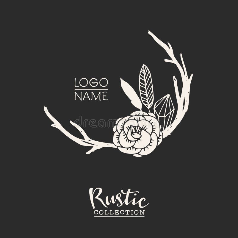 Rustic Premade Typographic Logo with Flowers, Branches, Antlers and ...
