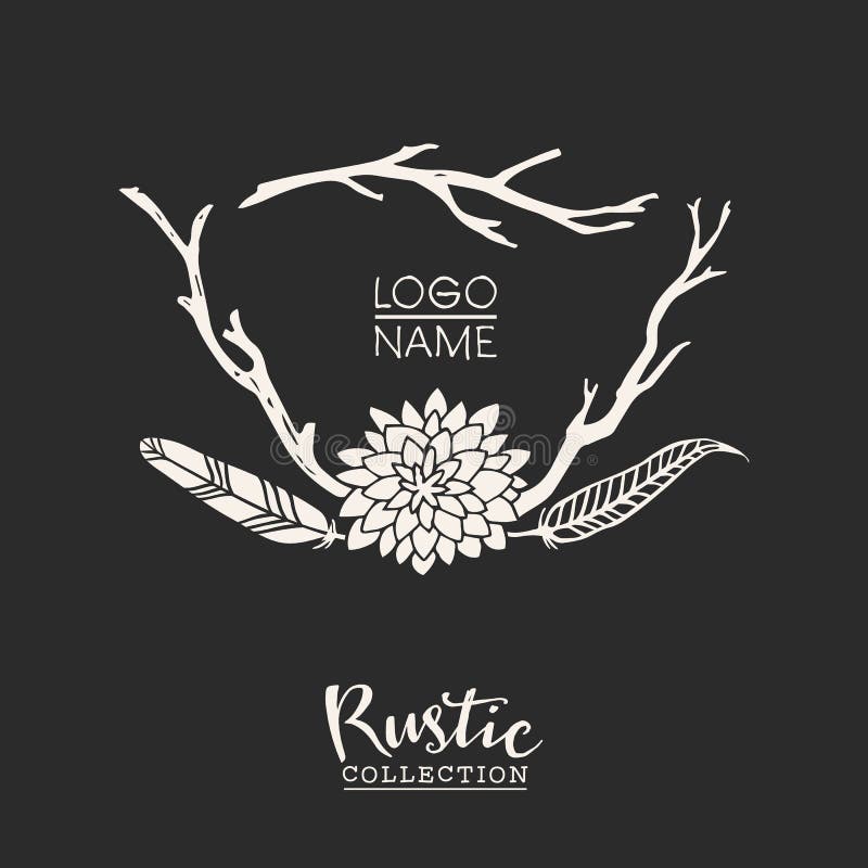 Rustic Premade Typographic Logo with Flowers, Branches, Antlers and ...