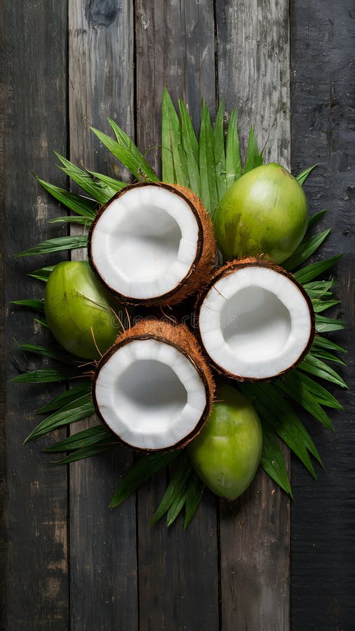 Rustic Presentation of Fresh Coconuts on an Old Wooden Background Stock ...