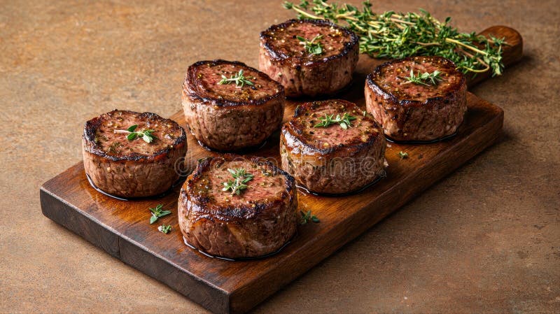 Rustic Presentation of Steak Plated on Wooden Board with Fresh Herbs ...
