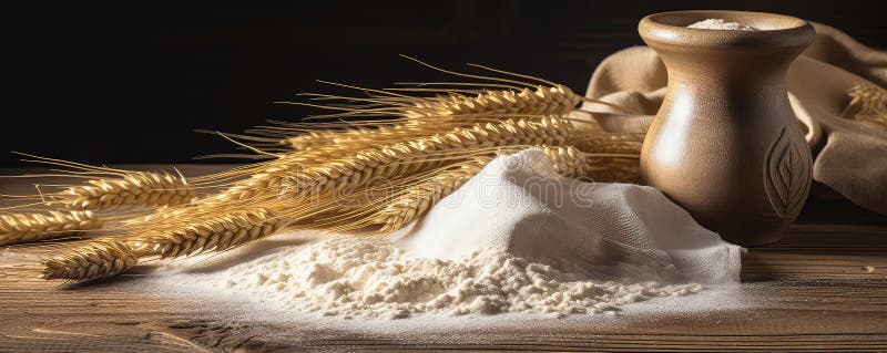 Rustic Presentation of Wheat Grain and Flour on Wooden Table Stock ...