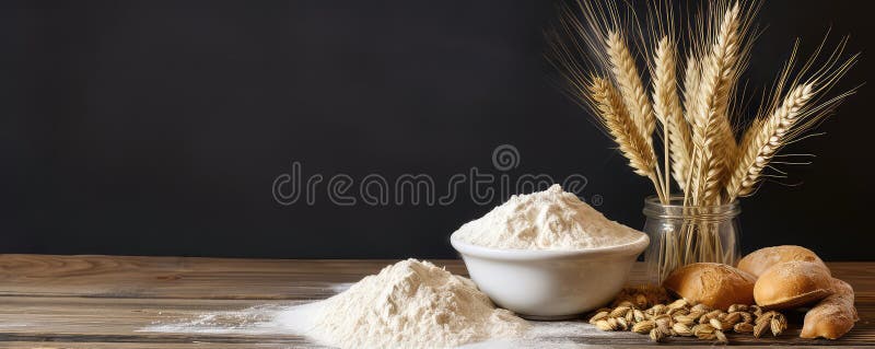 Rustic Presentation of Wheat Grain and Flour on Wooden Table Stock ...