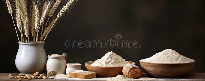 Rustic Presentation of Wheat Grain and Flour on Wooden Table Stock ...