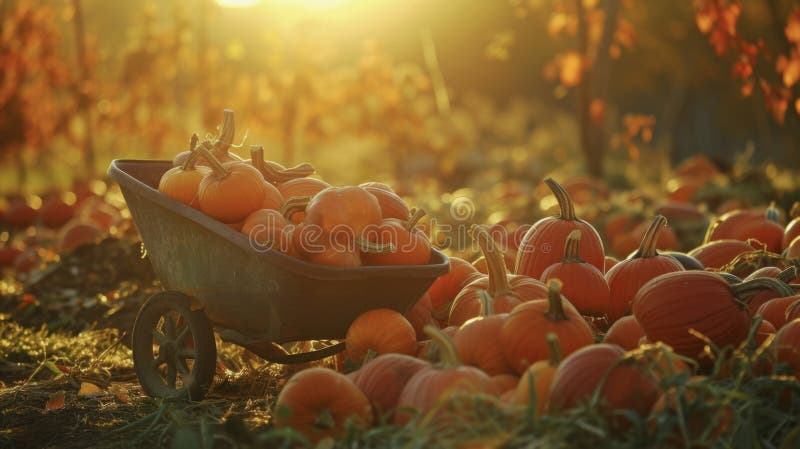 A Rustic Pumpkin Patch Glowing in the Evening Light with a Wheelbarrow ...