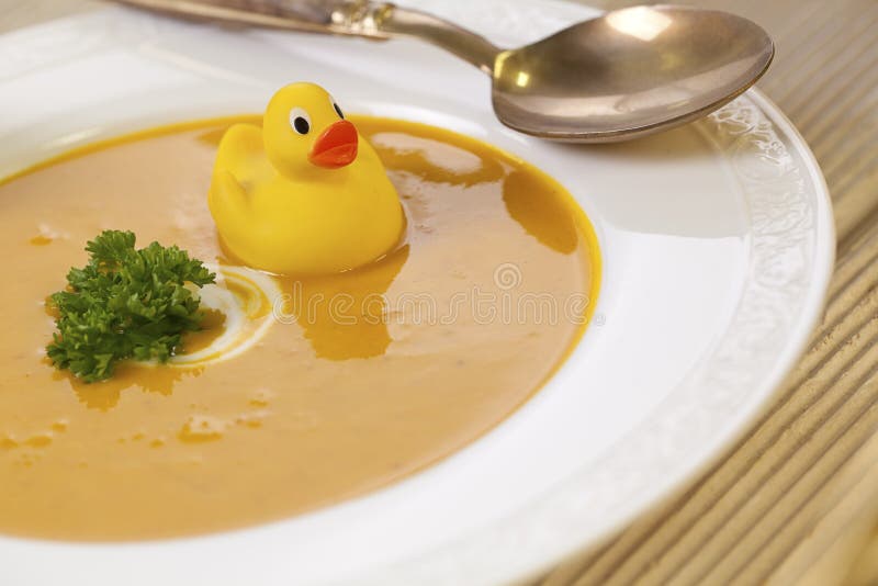 Rustic Pumpkin Soup with Duck Stock Photo - Image of orange, meal ...