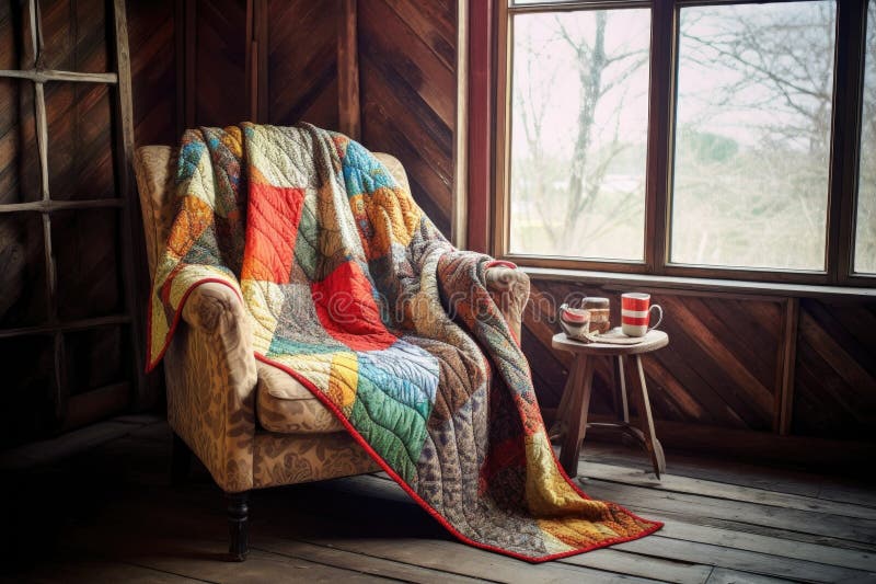 Rustic Quilt Draped Over a Cozy Armchair Stock Illustration ...