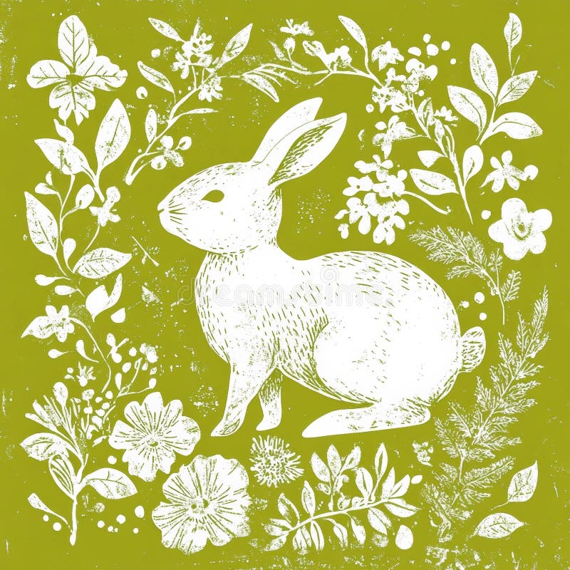 Rustic Rabbit Outline Surrounded by Floral Elements on Green Background ...