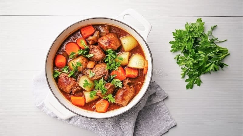 Rustic Rabbit Stew with Slow Cooked Vegetables and Fresh Herbs in White ...