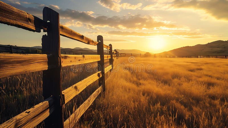 Rustic Ranch Fence at Sunset. Copy Space Stock Illustration ...