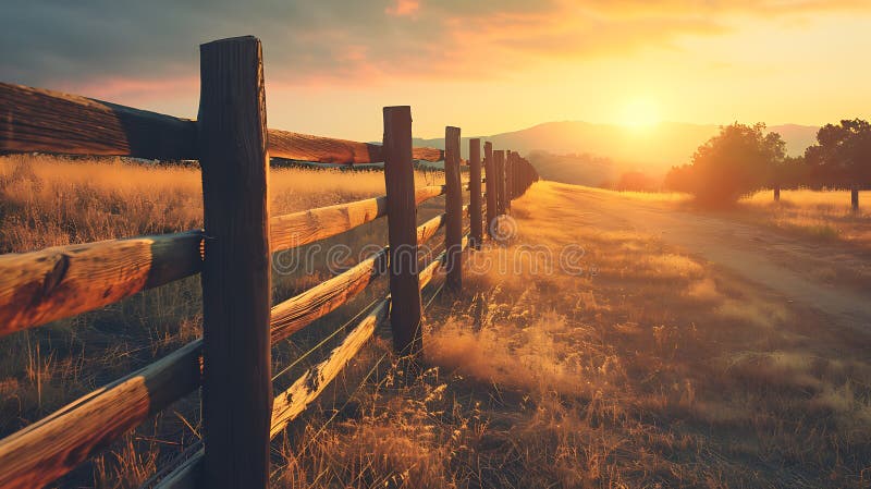 Rustic Ranch Fence at Sunset. Copy Space Stock Illustration ...