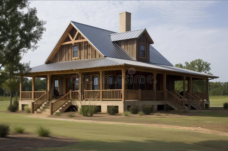 Rustic Ranch House with Wrap-around Porch and Rocking Chairs Stock ...
