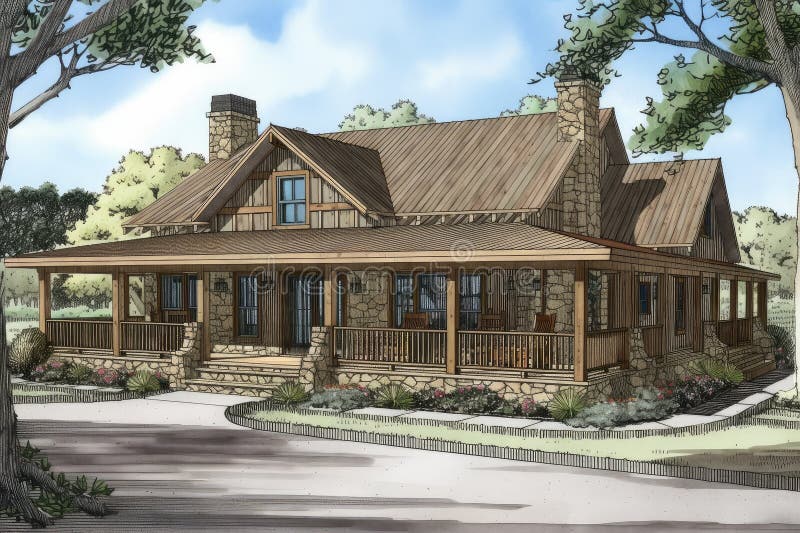 Rustic Ranch House with Wrap-around Porch and Rocking Chairs Stock ...