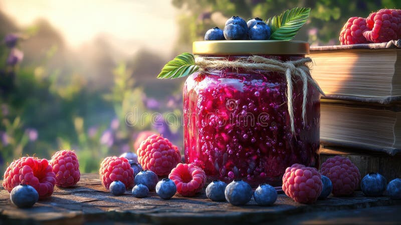 Rustic Raspberry and Blueberry Jam on Wooden Table Stock Photo - Image ...