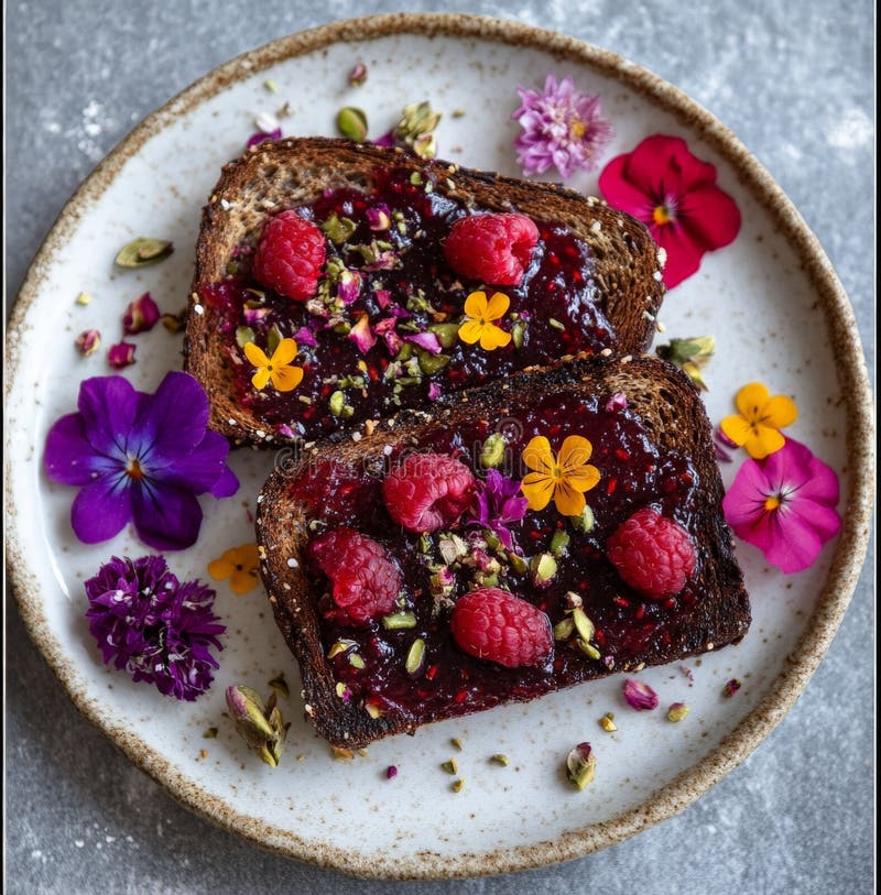 Rustic Raspberry Jam Toast with Edible Flowers on Stoneware Plate Stock ...