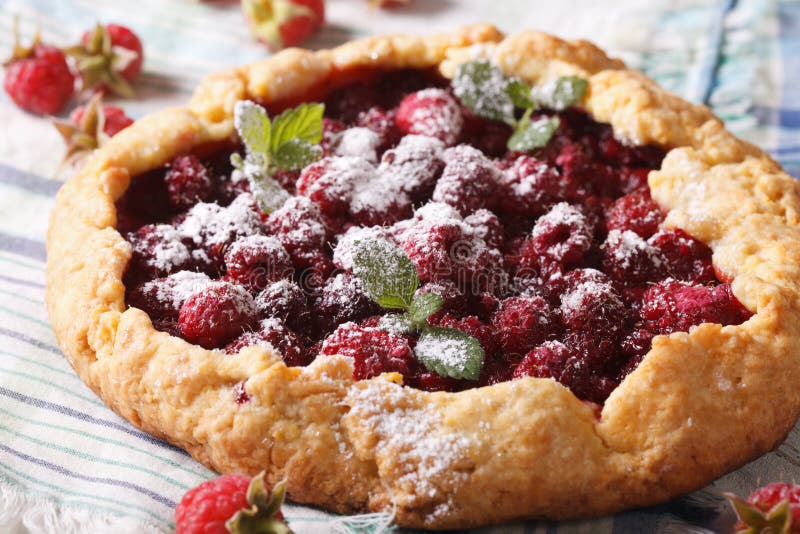 Rustic Raspberry Pie with Mint Close Up on the Table. Horizontal Stock ...