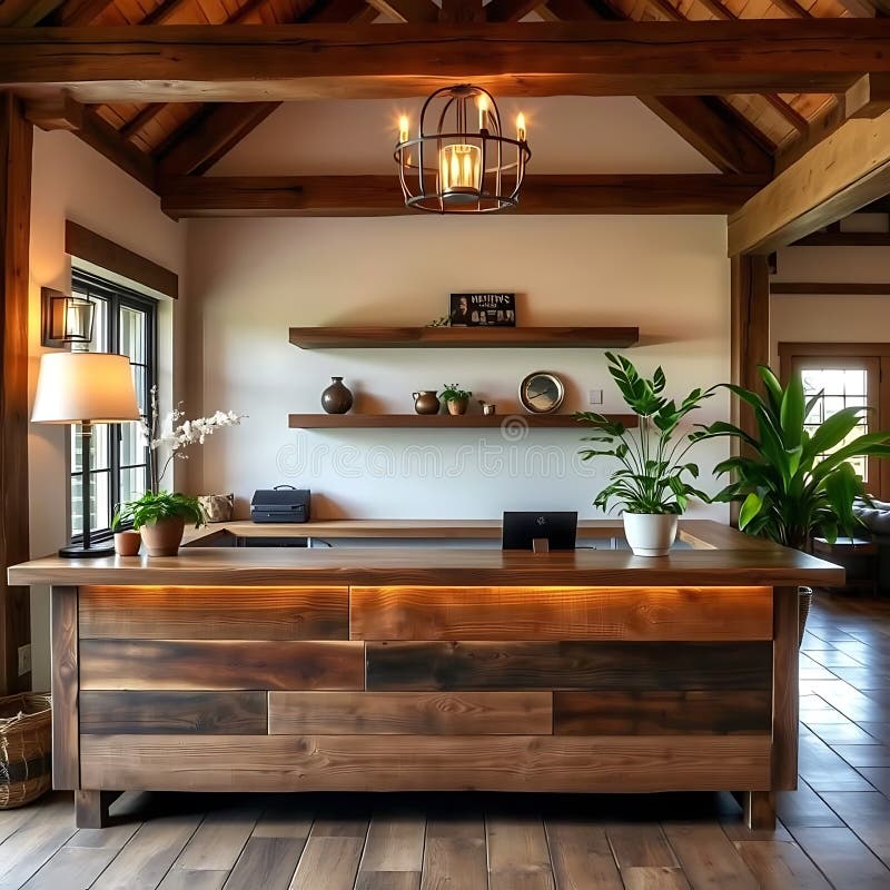 A Rustic Reception Desk Made of Reclaimed Wood with Warm Lighting and ...