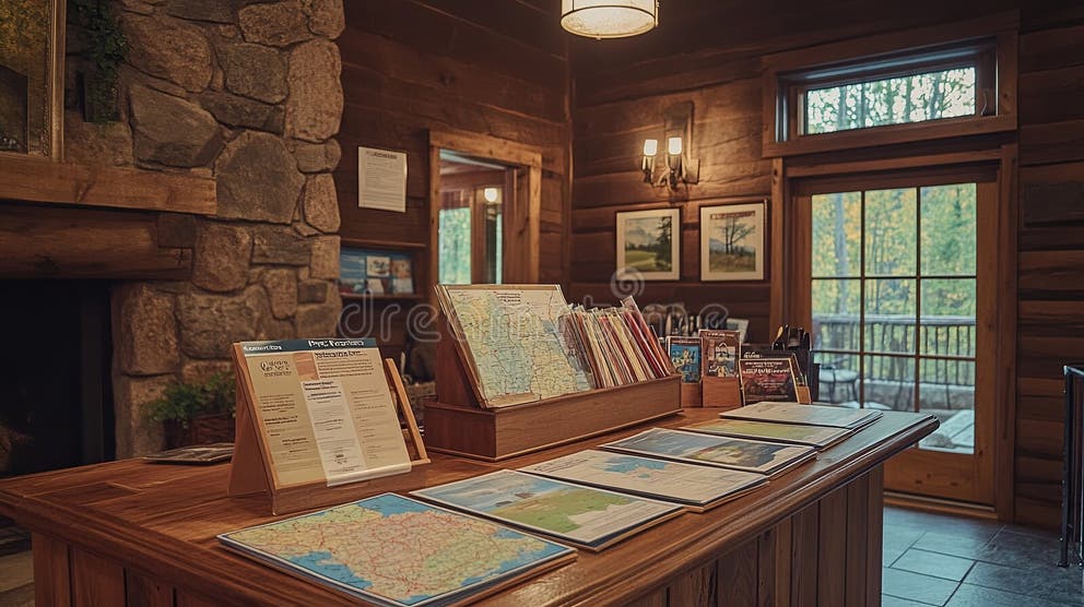 Rustic Reception Table in a Lodge, Displaying Maps and Brochures for ...