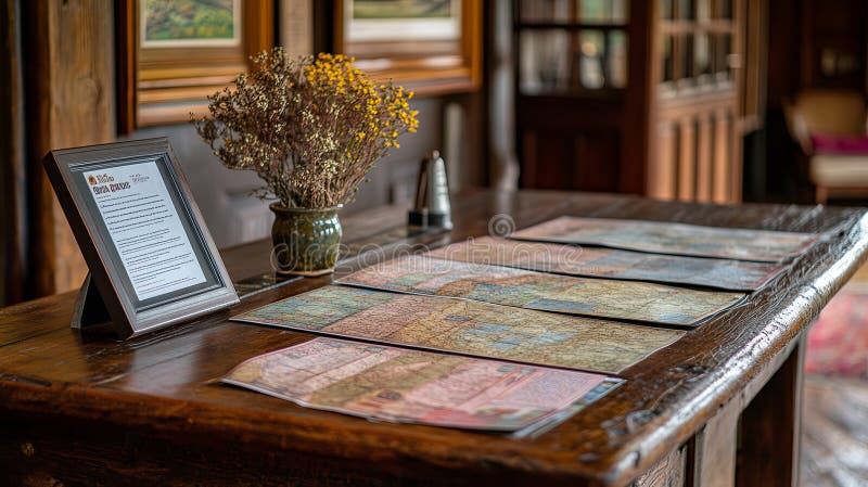 Rustic Reception Table in a Lodge, Displaying Maps and Brochures for ...