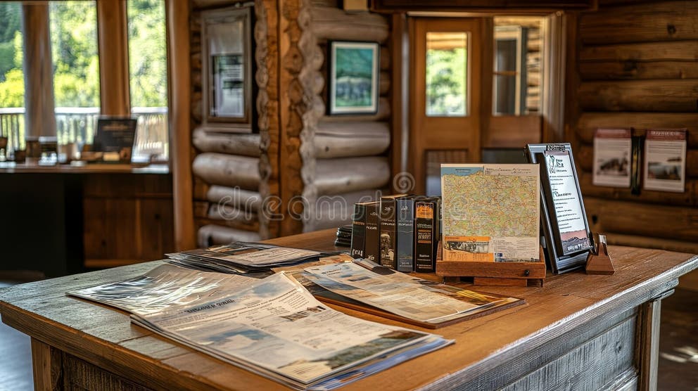 Rustic Reception Table in a Lodge, Displaying Maps and Brochures for ...
