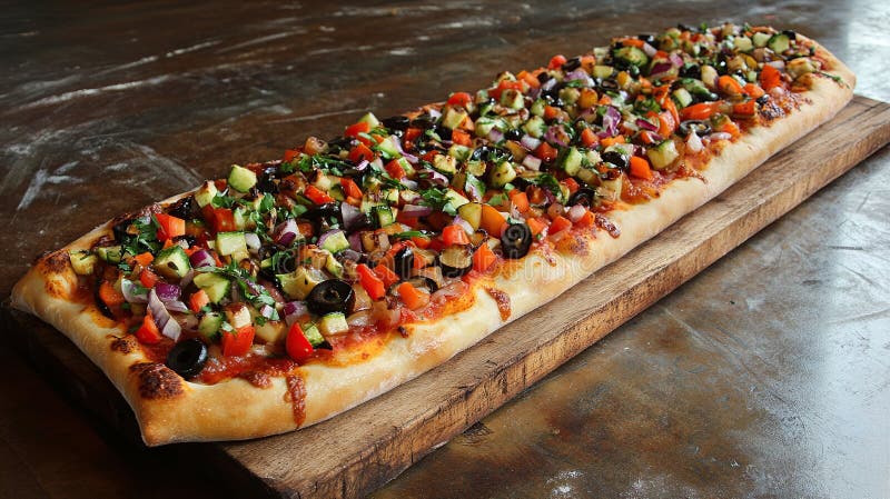 Rustic Rectangular Veggie Pizza on Wood, Restaurant Setting Stock Photo ...