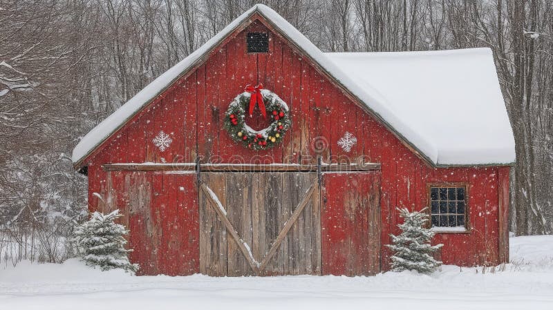 Rustic Red Barn Adorned with a Christmas Wreath in a Snowy Winter ...
