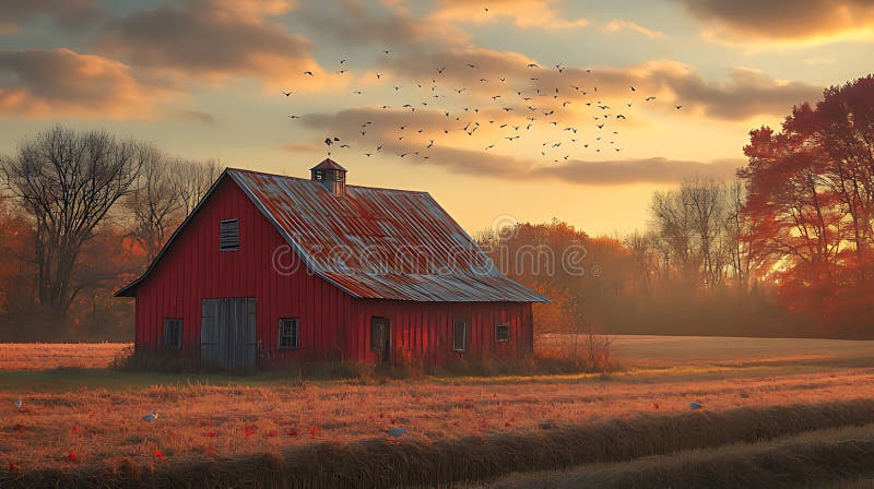 Rustic Red Barn Autumn Sunset Field Birds Stock Illustration - Illustration of scenery, idyllic ...