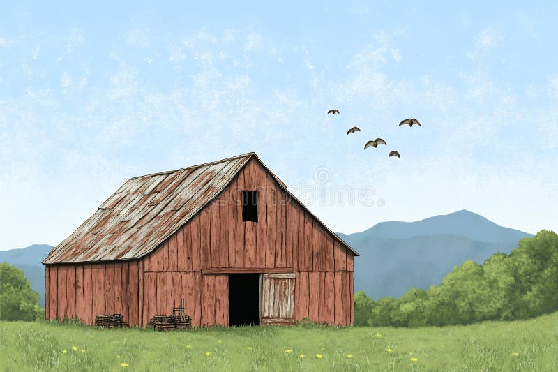 Rustic Red Barn with Birds in Flight Under Cloudy Sky Stock ...