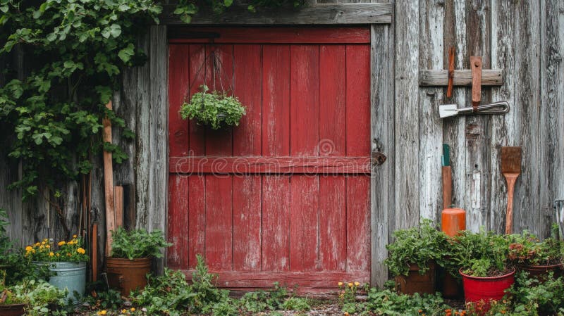 Rustic Red Barn Door with Blooming Plants and Vintage Tools Stock ...