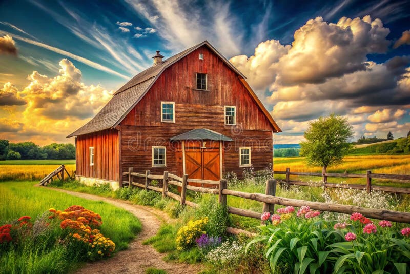 Rustic Red Barn at Sunset, Flowers, Field Stock Illustration ...