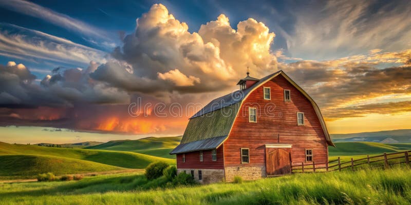 Rustic Red Barn at Sunset on Rolling Green Hills Under Dramatic ...